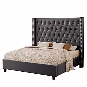 PaPaJet King Bed Frame Velvet Upholstered Bed with Deep Button Tufted/No Box Spring Needed/Easy Assembly/Dark Grey