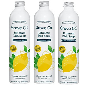 Grove Co. Ultimate Dish Soap Refills (3 x16 Fl Oz) Removes 48-hr Stuck-on Food and Grease, Plastic Free Cleaning Products, 100% Natural Lemon & Eucalyptus Fragrance