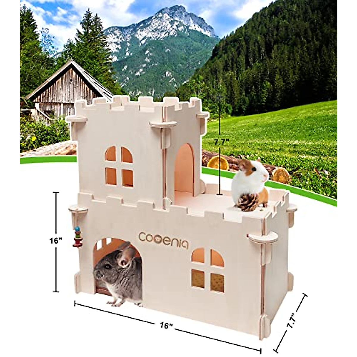 Cooenia Castle Chinchilla House, Hamster Wooden Large 2 Floor Guinea Pig Hideout Play House Hut with Windows, Door and Apple Sticks for Hedgehog Gerbil Hamster Small Animal Habitat
