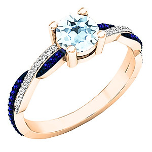 Dazzlingrock Collection 5mm Round Aquamarine with Blue Sapphire & White Diamond Criss Cross Shank Engagement Ring for Her in 10K Rose Gold Size 7