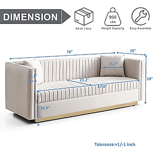 ivoros 78" Velvet Couch, Modern Channel Tufted Sofa Couch with 2 Pillows, 3 Seater Upholstered Couches with Gold Metal Legs and Nailhead for Living Room, Apartment and Office (Beige)