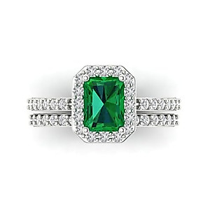 Clara Pucci 2.20ct Emerald Cut Halo Solitaire Simulated Emerald Engagement Promise Anniversary Bridal Ring Band set 14k White Gold 9.25