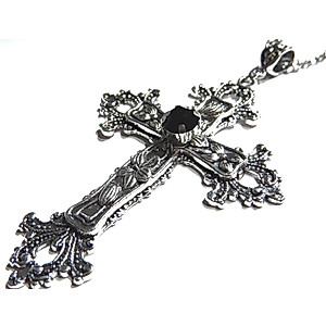 Large Gothic Cross Necklace silver-tone pendant with black glass stone, on 24" steel chain