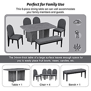 Merax 6 Pieces Dining Table Set with 4 Chairs and 1 Bench,Modern Faux Marble Kitchen Furniture, Gray