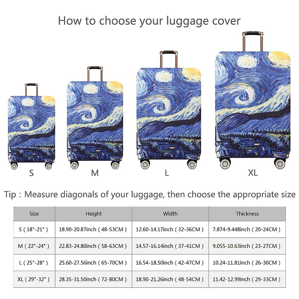 TRAVEL KIN Thickened Luggage Cover ，Washable Travel Gear Cover，18/24/28/32 Inch Suitcase Spandex Protective Cover (XL(29"-32" luggage), Starry Night)