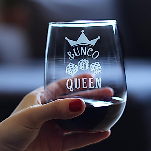 Bunco Queen Stemless Wine Glass - Bunco Decor and Bunco Gifts for Women - Large 17 Oz Glasses
