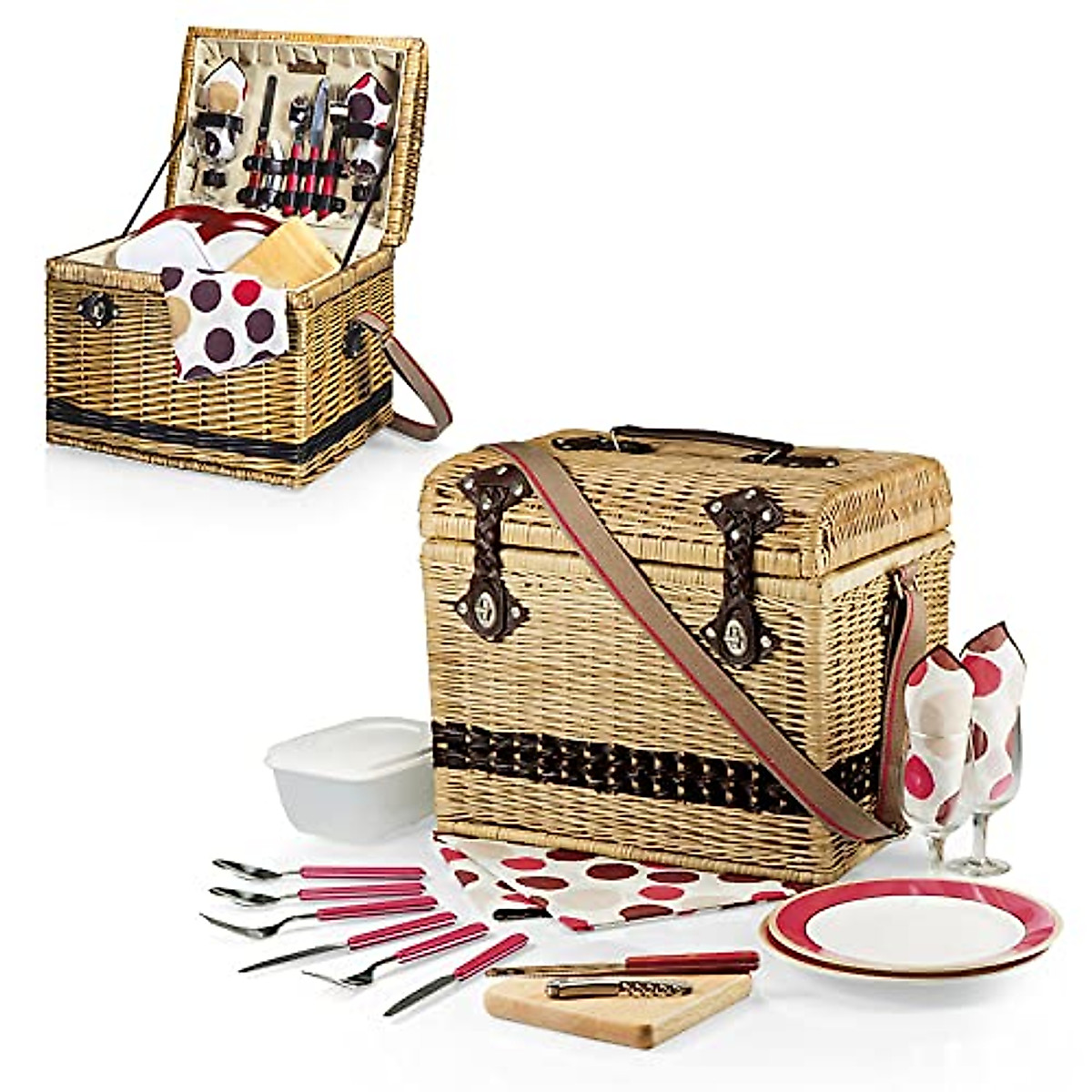PICNIC TIME Yellowstone Picnic Baskets, Moka Collection - Brown with Beige & Red Accents, One Size