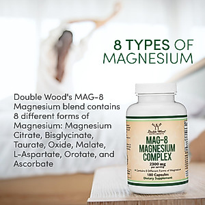 Magnesium Complex Supplement 180 Capsules (436mg Elemental Magnesium Provided by 2,300mg of Eight Different Forms of Magnesium) MAG-8 Provides 100% Daily Recommended Value of Magnesium by Double Wood