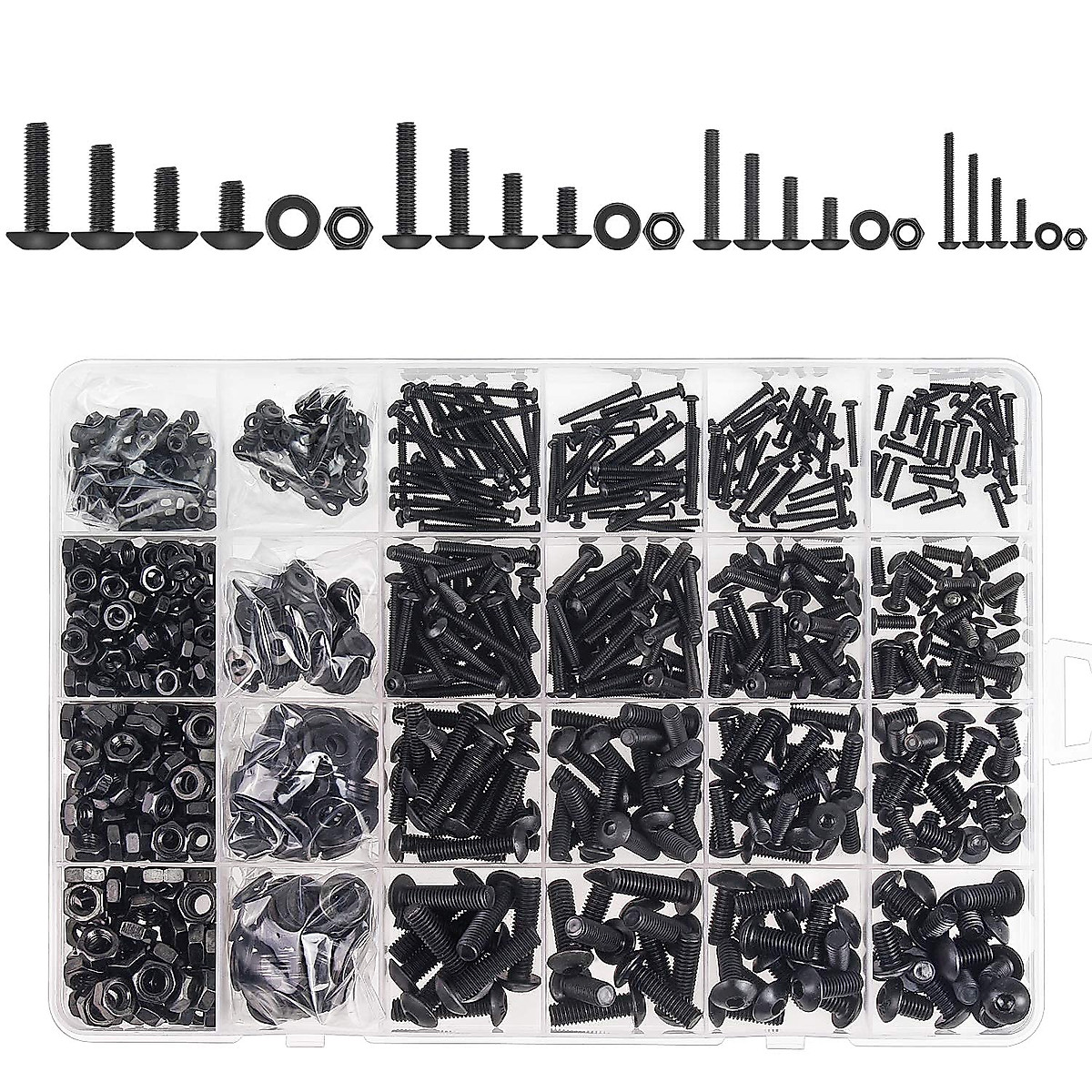 DYWISHKEY 1220 Pieces M2 M3 M4 M5, 10.9 Grade Alloy Steel Hex Button Head Cap Bolts Screws Nuts Washers Assortment Kit with Hex Wrenches