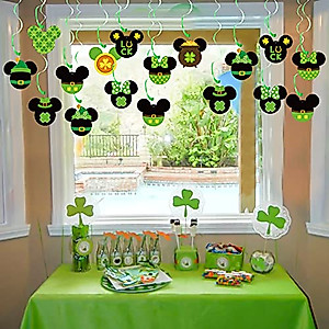 Eartim 30Pcs St.Patrick's Day Mouse Inspired Hanging Swirls Decorations, Green Shamrock Clover Ceiling Foil Swirl Whirl for Irish St Patrick Party Lucky Day Decoration Favor Supplies Home Office Decor
