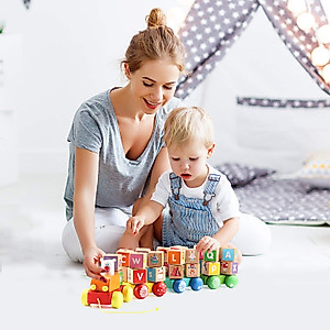 Garlictoys ABC Wooden Block Cart Sorting Stacking, Wood Alphabet Blocks Building Games Montessori Preschool Learning Educational Toys for Baby Stacking.Great Gift for Girls and Boys for 3+ Years Olds.