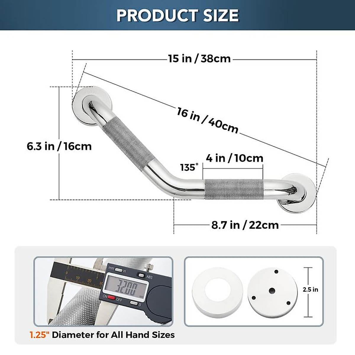 Grab Bars for Bathtubs and Showers- 1-1/4 x 16 Angled Shower Grab Bar for Seniors Knurled Stainless Steel Handicap Grab Bars for Wall (Polished Nickel, 1 Pack)