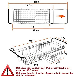 KeFanta Kitchen Sink Caddy Sponge Holder, Hanging Dish Sponge Organizer Holder, Telescopic Farmhouse Sink Accessories, Over Sink Expandable(14''-20'') Brush Soap Storage Rack - Stainless Steel
