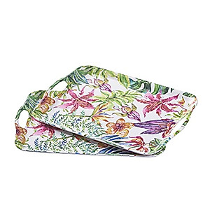 Blue Boat 16.5" x 11.5" Rectangular Melamine Serving Tray Set of 2 Floral, Light Weight Easy to Clean Sturdy Stackable Serving Tray with Handle, Fruit, Snacks, and Desserts Trays, TV Trays