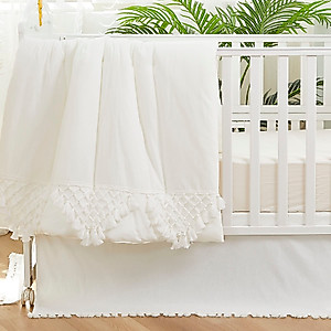 Brandream Gender Neutral Boho Bohemian Baby Girl Boy Nursery Crib Bedding Set 3 Pieces Solid White Farmhouse Chic Unisex Minimalist Tassel Fringe Macrame Cozy 100% Washed Cotton