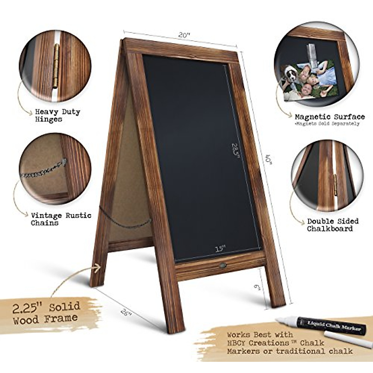 HBCY Creations 40" x 20" Rustic Brown Solid Pine Wood A-Frame Magnetic Chalk Board Sign, Menu Chalkboard, Framed Chalkboard, Outdoor Sign, Standing Chalkboard, Sandwich Board