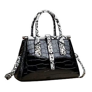 WIGUYUN Women Patent Faux Leather Satchel Handbag Crocodile Tote Purse Snakeskin Handle Shoulder Bag,Gift for Wife/Mom,Black