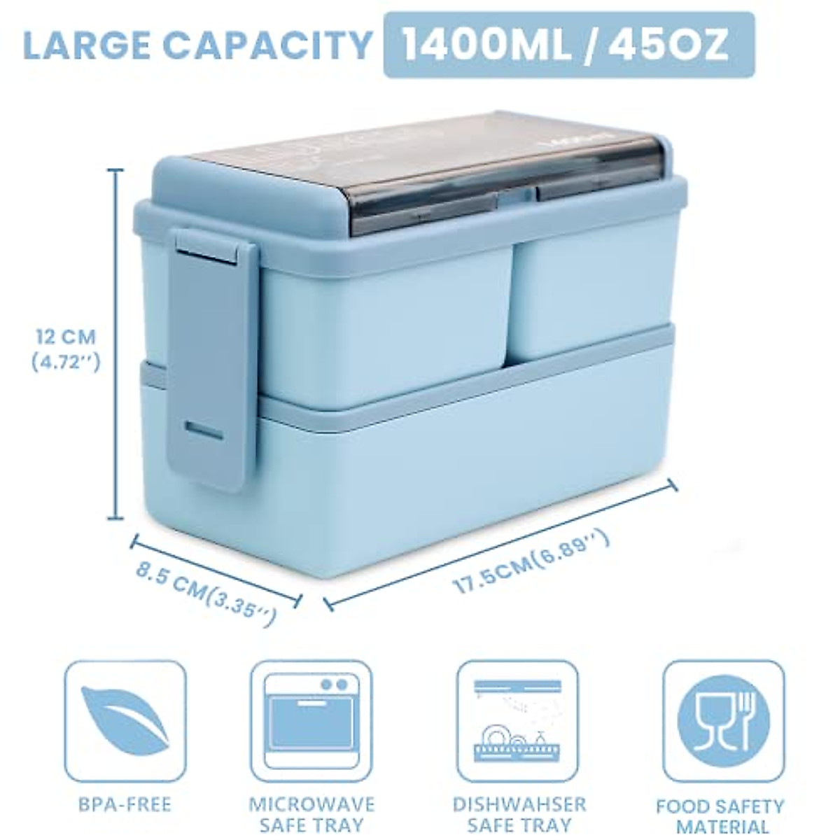 Bugucat Lunch Box 45 OZ, Double Stackable Bento Box Container Meal Prep Containe With Cutlery, 2 Tier and 3 Compartment Design Food Containers for Lunch Snacks,Lunch Box for Adults Blue