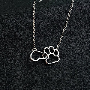 QIAN0813 Cat Dog Puppy Paw Print Stamped Pet Memorial Pendant Necklace Love Heart Necklace Jewelry (Silver)