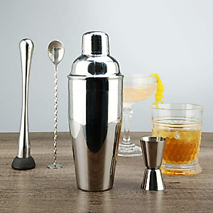 PG Professional Bartender Kit - 6PC Premium Cocktail Stainless Steel Shaker Set - 24oz Martini Shaker Gloss Finish, with Muddler, Stirring Spoon, 2x Wine Pourer, and Double Jigger