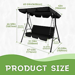 HECASA 3-Person Outdoor Swing Chair, Steel Porch Swing with Convertible Canopy & Removable Cushion for Patio, Garden, Poolside, Balcony and Backyard - Black