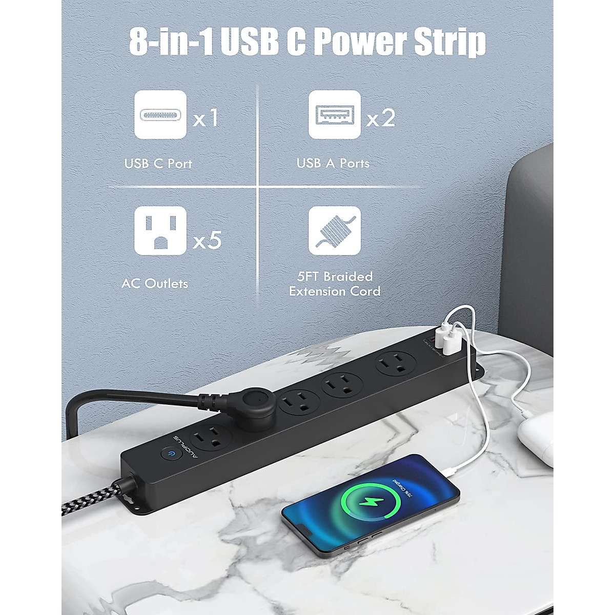 Surge Protector Power Strip with USB C Ports, 5 Outlets 3 USB Ports(1 USB C), 5FT Braided Extension Cord with Multiple Outlets, Mountable Power Strips Flat Plug for Home, Office, Dorm