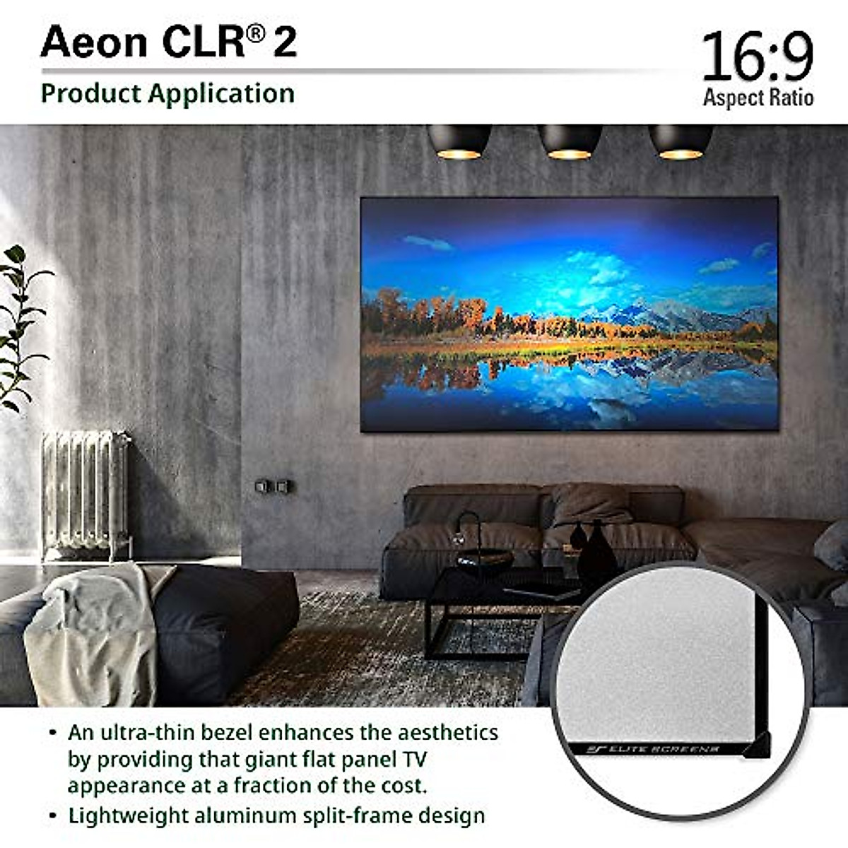 Elite Screens Aeon CLR2 Series, 16:9, Edge Free Ceiling and Ambient Light Rejecting Fixed Frame Projector Screen for Ultra-Short Throw Projectors Fixed Frame (103" Diagonal, 16:9)