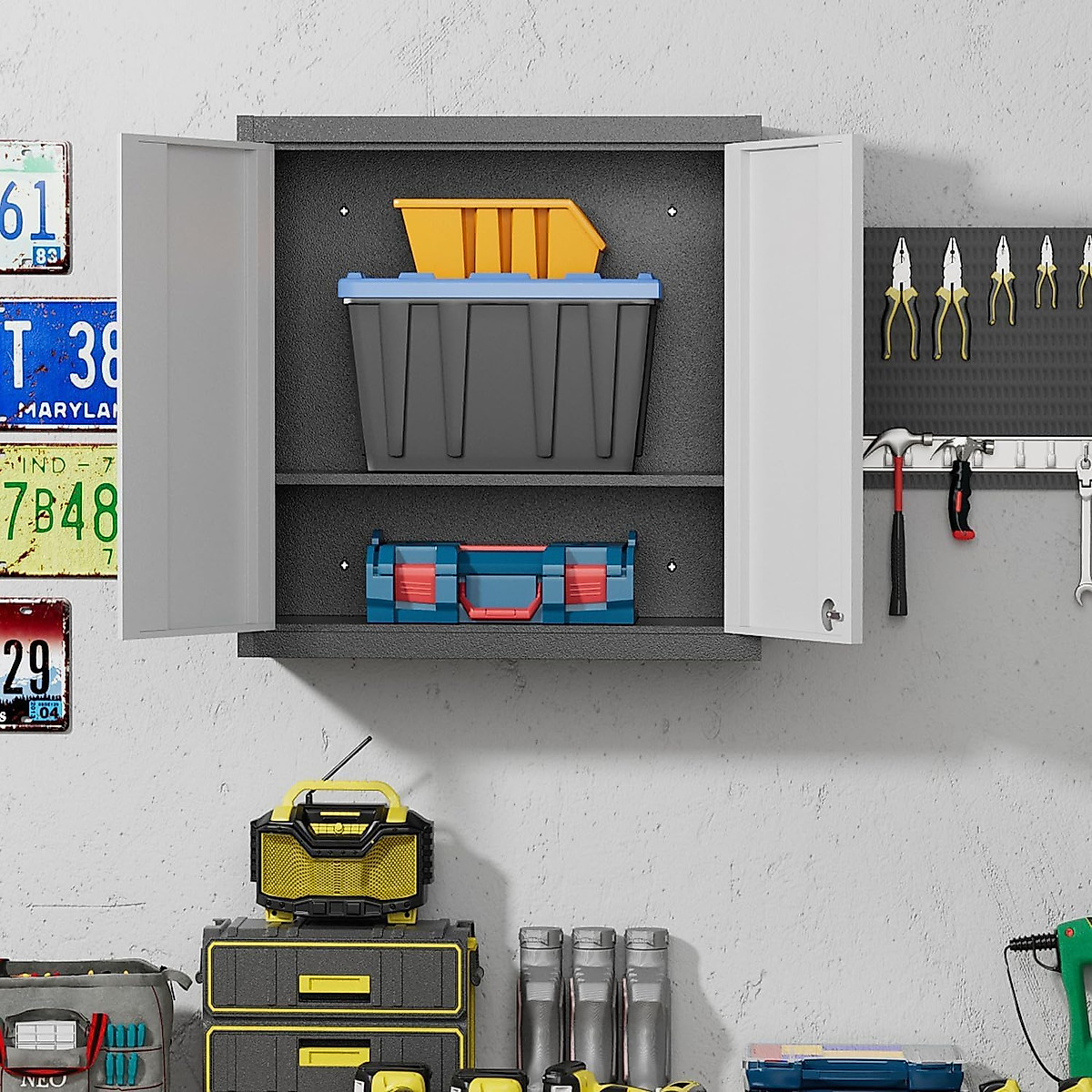 SUXXAN Metal Wall Cabinets for Storage with Lock,Steel Garage Hanging Cabinet with 1 Adjustable Shelf and 2 Doors,Garage Cabinet Upper,Wall Mounted Metal Cabinet for Office and Home