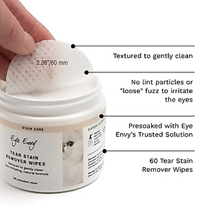 Eye Envy Tear Stain Wipes for Cats | Textured to Gently Clean, Treats The Cause of Staining | 100% Natural Formula | Recommended by Persian & Exotic Breeders, Vets, Groomers | 60 Ct