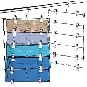 Pant Hangers Space Saving, Homa Jia 4 Pack 6-Tier Skirt Hangers with Clip Multiple Hangers in one Clothes Hangers with Clips Skirts Hangers for Closet Bottom Hangers Metal Pants Hangers with Clips