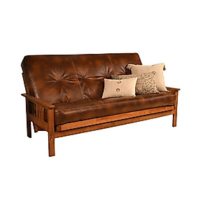 Pemberly Row 75" Traditional Full-Size Faux Leather Futon Mattress with Hinged Innerspring, Foam Construction, in Saddle Brown Finish, Frame Not Included