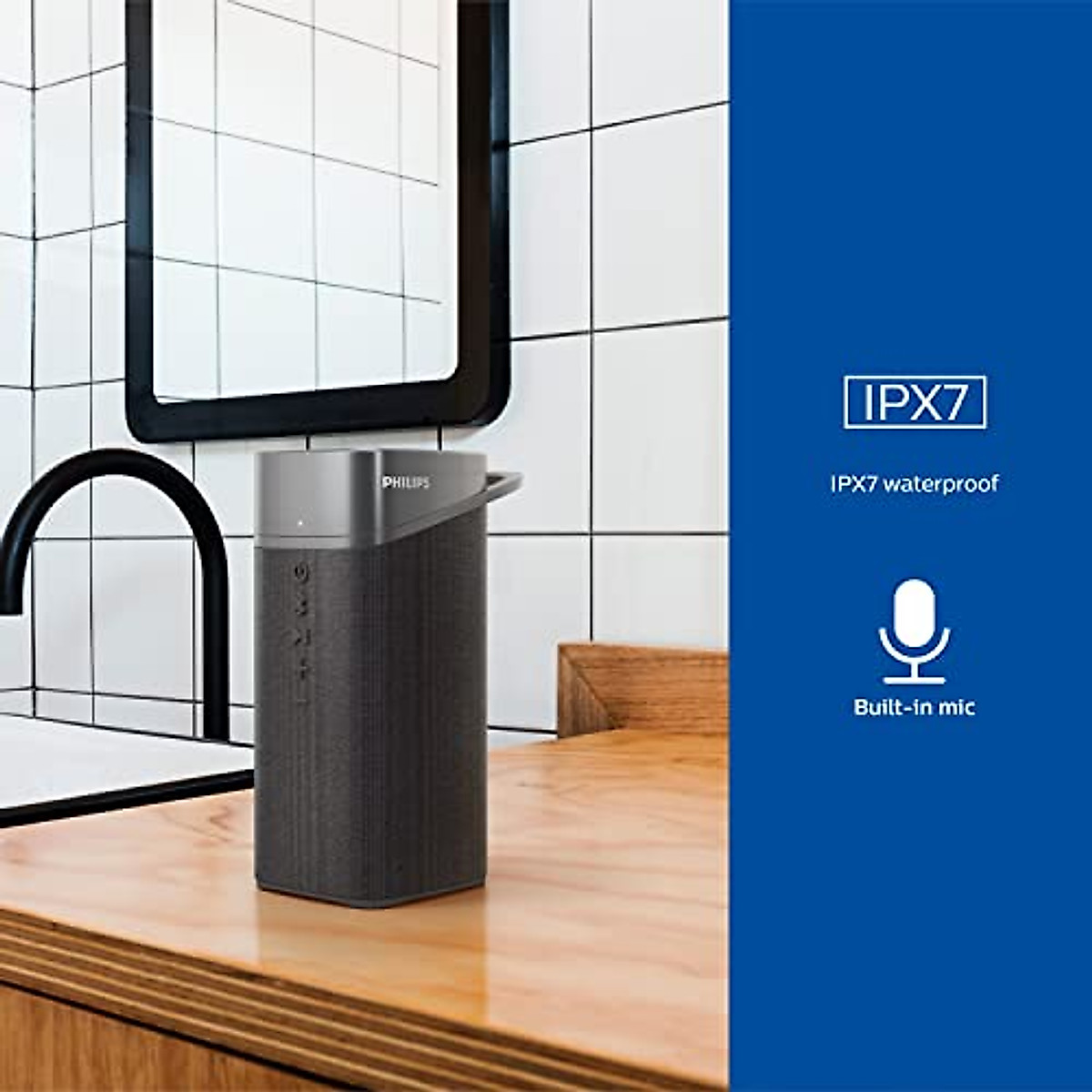 PHILIPS S3505 Wireless Bluetooth Speaker with Bold Sound, Kvadrat Speaker Fabric, Up to 10 Hours Playtime, IPX7 Waterproof, Shower Ready, Small Size, Gray