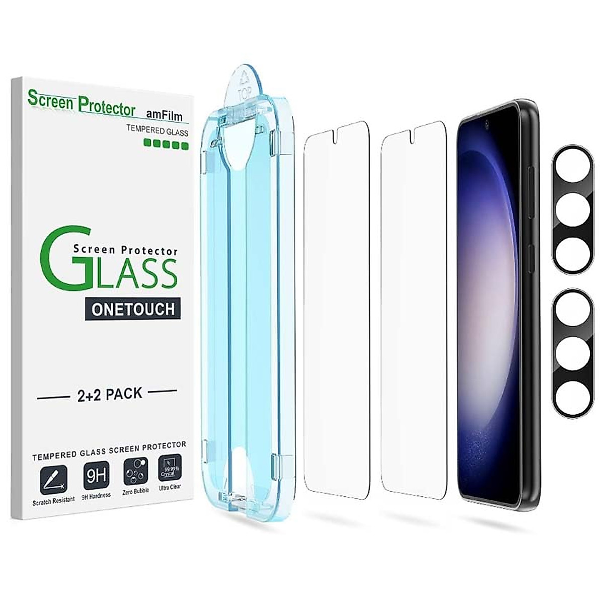 amFilm Auto-Alignment OneTouch for Samsung Galaxy S23 6.1" Screen Protector + Camera Lens Protector, Tempered Glass, 30 Seconds Installation, Bubble Free, Case Friendly, Anti-Scratch [2+2 Pack]