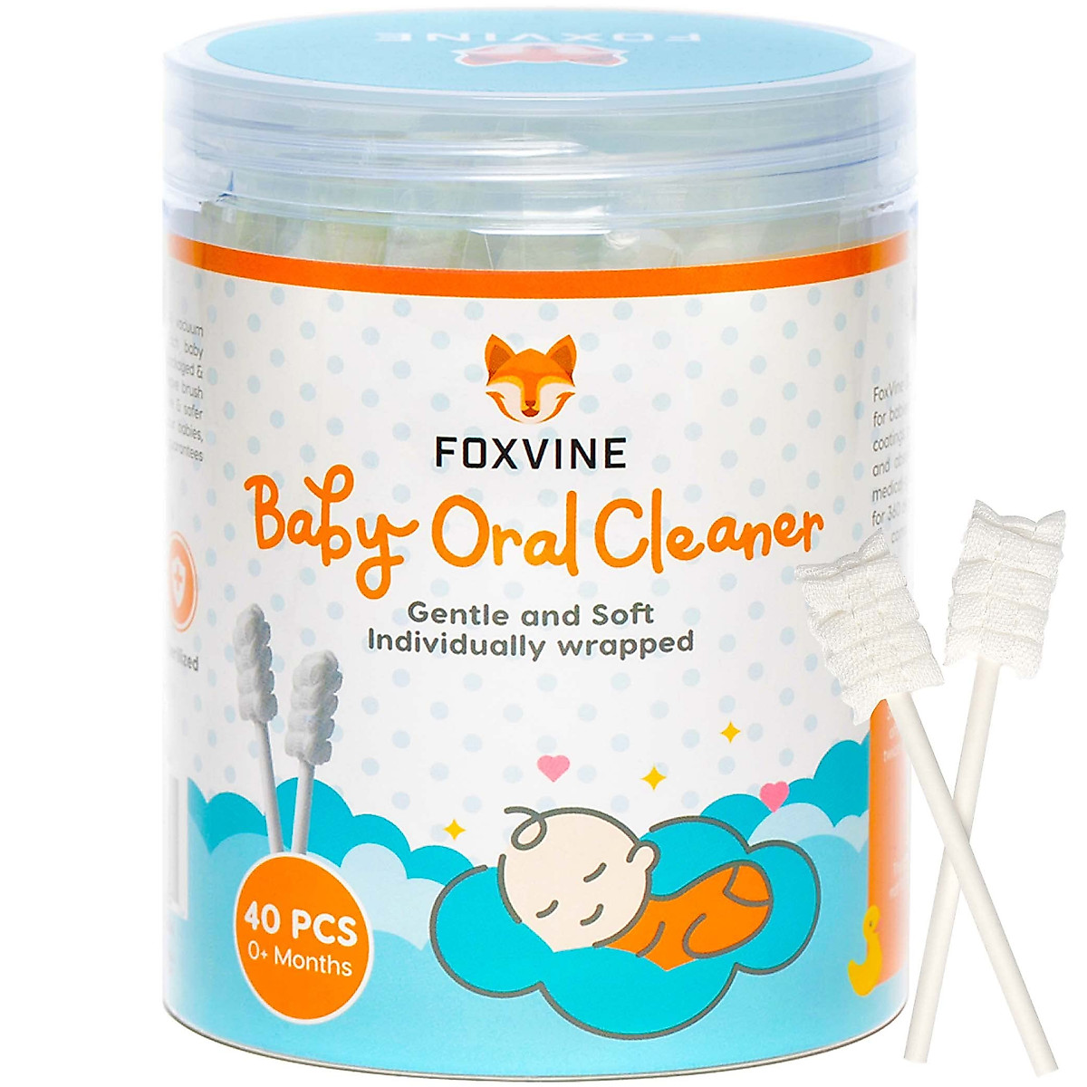 EcoFox Baby Tongue Cleaner [40 Pack] Individually Wrapped & Disposable | Infant & Newborn Babies | Soft Gauze Toothbrush with Paper Handle | Sterilized & Medical Grade Soft Gauze | 0-2 Years Old