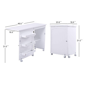 Giantex Folding Desk with Shelves Storage and Lockable Casters Portable Home Desk Apartment Space Saving for Small Spaces, White