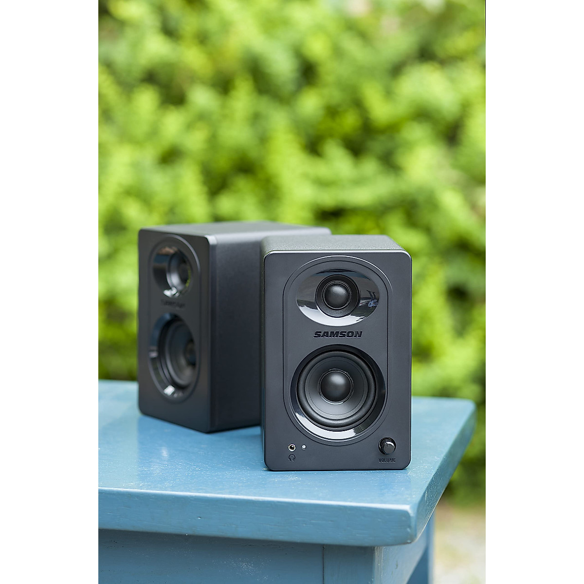 Samson MediaOne M30 3" Powered Studio Monitors with 3.5mm Outputs (Pair) Bundle with Blucoil Acoustic Isolation Pads (2-Pack), 12" Acoustic Wedges (4-Pack), and 5' Audio AUX Cable