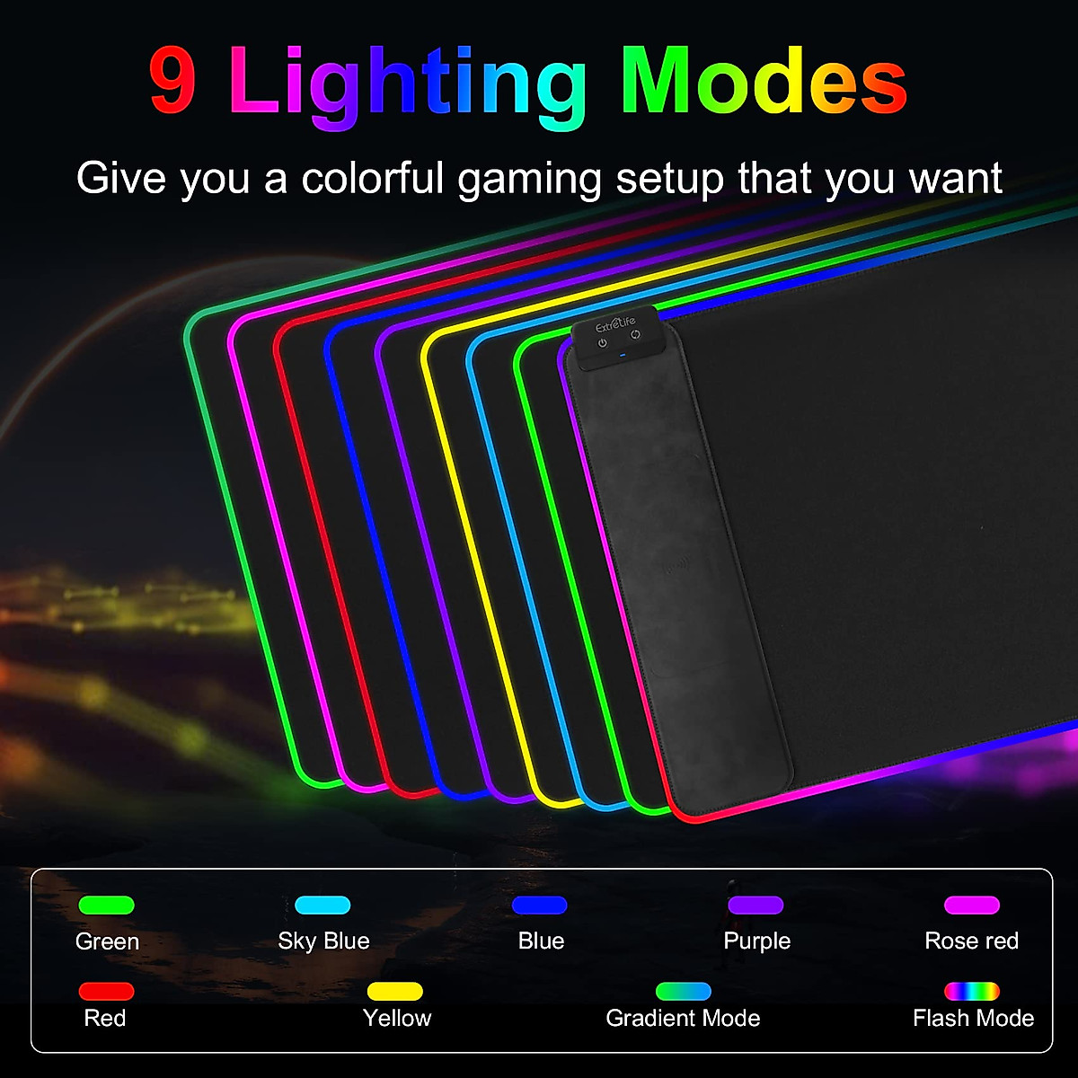 Wireless Charging RGB Gaming Mouse Pad, 31.5"x15.7" Large Desk Mat, Desk Pad with Wireless Charger, Non-Slip Rubber Base, Waterproof, Computer Keyboard Mat for Gamer, Office, Home, Black