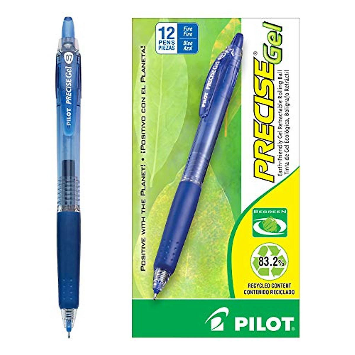 PILOT Precise Gel BeGreen Refillable & Retractable Rolling Ball Pens, Fine Point, Blue Ink, 12-Pack (15002)