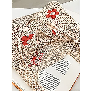 Verdusa Women's Floral Print Crochet Tote Bag Shoulder Handbags Summer Shopping Bags Apricot one-size