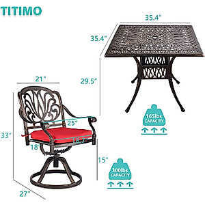 TITIMO 5-Piece Outdoor Dining Patio Set, All-Weather Cast Aluminum Furniture Set Includes 4 Swivel Rocker Chairs with Cushions and 35.4" Square Table with Umbrella Hole for Yard Garden Deck (Red)