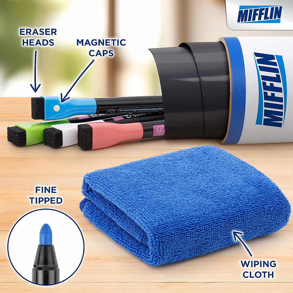 Mifflin-USA Magnetic Dry Erase Black Board Sheet for Fridge (12 x 8), Stain-Resistant Refrigerator Blackboard Organizer, Kitchen Planner Board w/ 4 Fine-Tipped Markers & Convenient Wipe Cloth