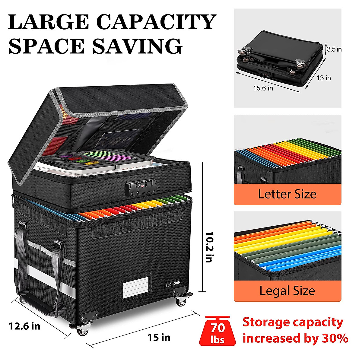 ELOBOON File Box with Lock, Fireproof Document Box with Wheels, Collapsible File Organizer Box, File Storage Box for Home & Office, Rolling File Cabinet for Hanging Letter/Legal Folders, Black