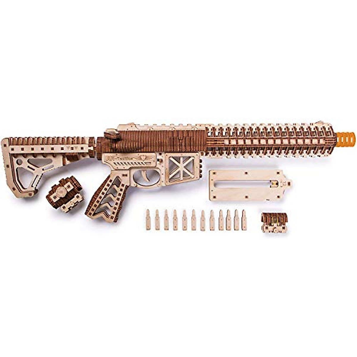 Wood Trick Assault Gun AR-T Model Kit for Adults and Teens to Build - with Telescoping Butt, Fuse, Sight and Clip for 12 Rounds - Detailed Construction - 23x8″ - 3D Wooden Puzzle - 14+