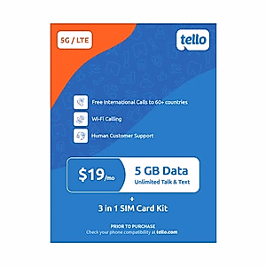 Tello Mobile Phone Plan | $19/Month - Unlimited Talk & Text + 5GB | Bring Your Own Phone Kit | 3 in 1 SIM Card Included | Nation-Wide 4G LTE/5G Coverage