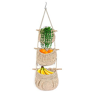 MOVNO Hanging Fruit Basket, Handmade Macrame Hanging Basket, Decorative Macrame Fruit Basket Hanging, Space Saving Boho Fruit Basket, Perfect for Kitchen/Room/Living Room Organization Storage