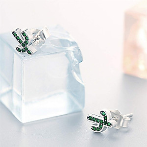 BISAER Cactus 925 Sterling Silver Stud Earrings with Green Cubic Zirconia, Green Plants Post Stud Earring Hypoallergenic Jewelry for Women