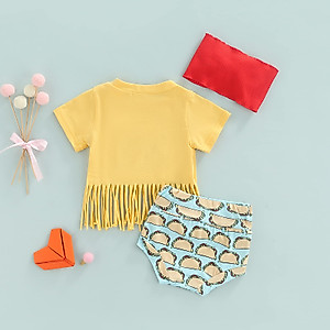 FIOMVA Newborn Baby Girl Clothes Letter Print Tassel T-shirt Top Shorts Headband 3Pcs Summer Outfit Set for Infant 0-24M (Taco-Yellow,0-6 Months)