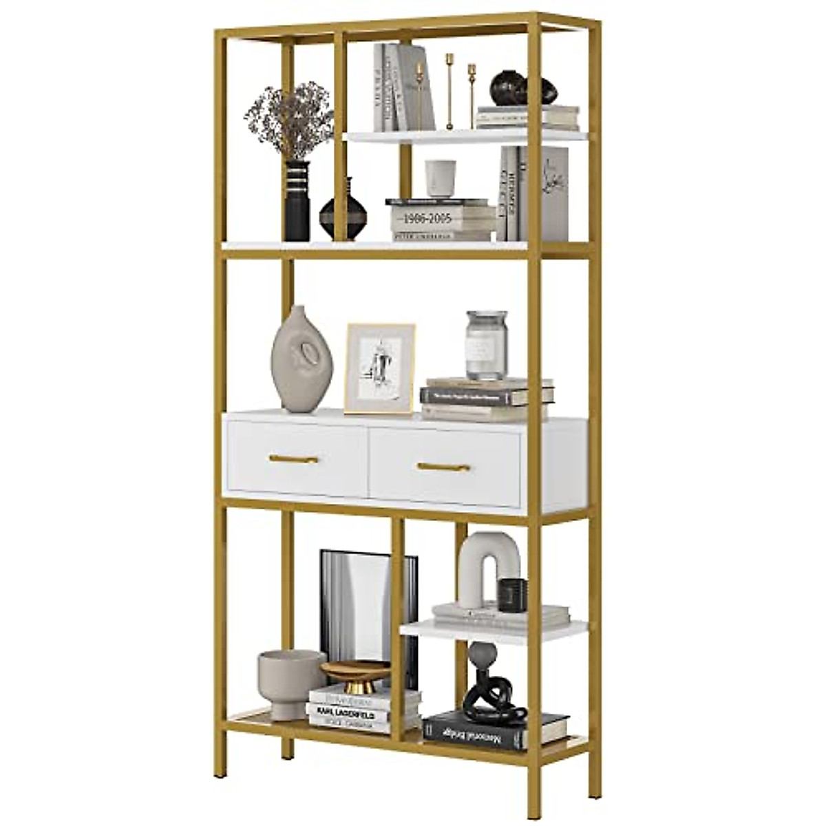 HITHOS Bookshelf, Tall Bookcase with 2 Drawers and Storage Shelves, Industrial Etagere Bookcase Book Shelves for Office, Living Room, Bedroom, White/Gold