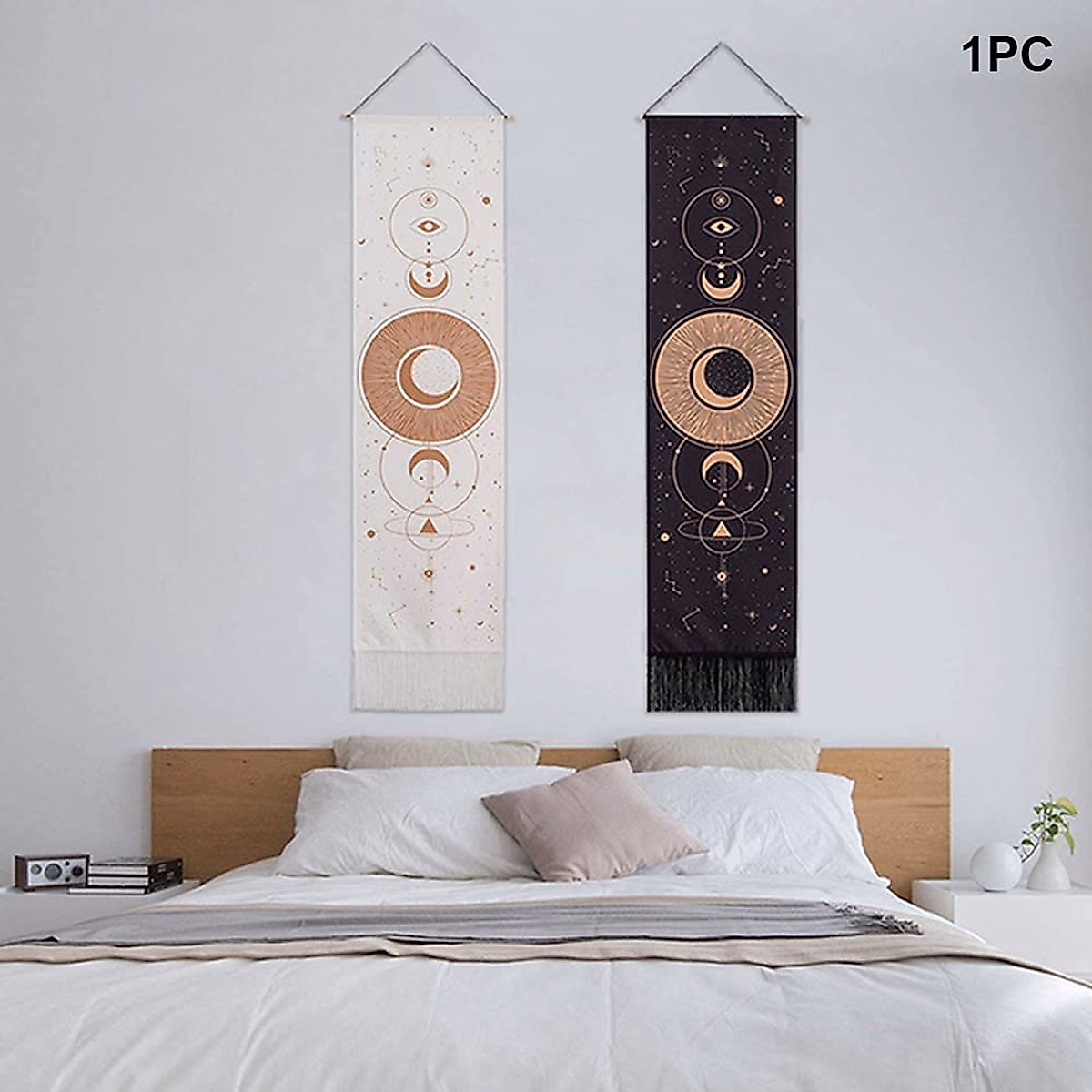 CALIDAKA Moon Phase Tapestry,Moon Stars Tapestry,Starry Sky Tapestry,Moonlit Garden Tapestry,Linen,Modern Home Decor(White)
