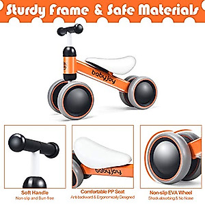 Baby Joy Baby Balance Bikes, Baby Bicycle, Children Walker Toddler Baby Ride Toys for 9-24 Months, Ride-on Toys Gifts Indoor Outdoor for 1 Year Old, No Pedal Infant 4 Wheels Bike (Orange)